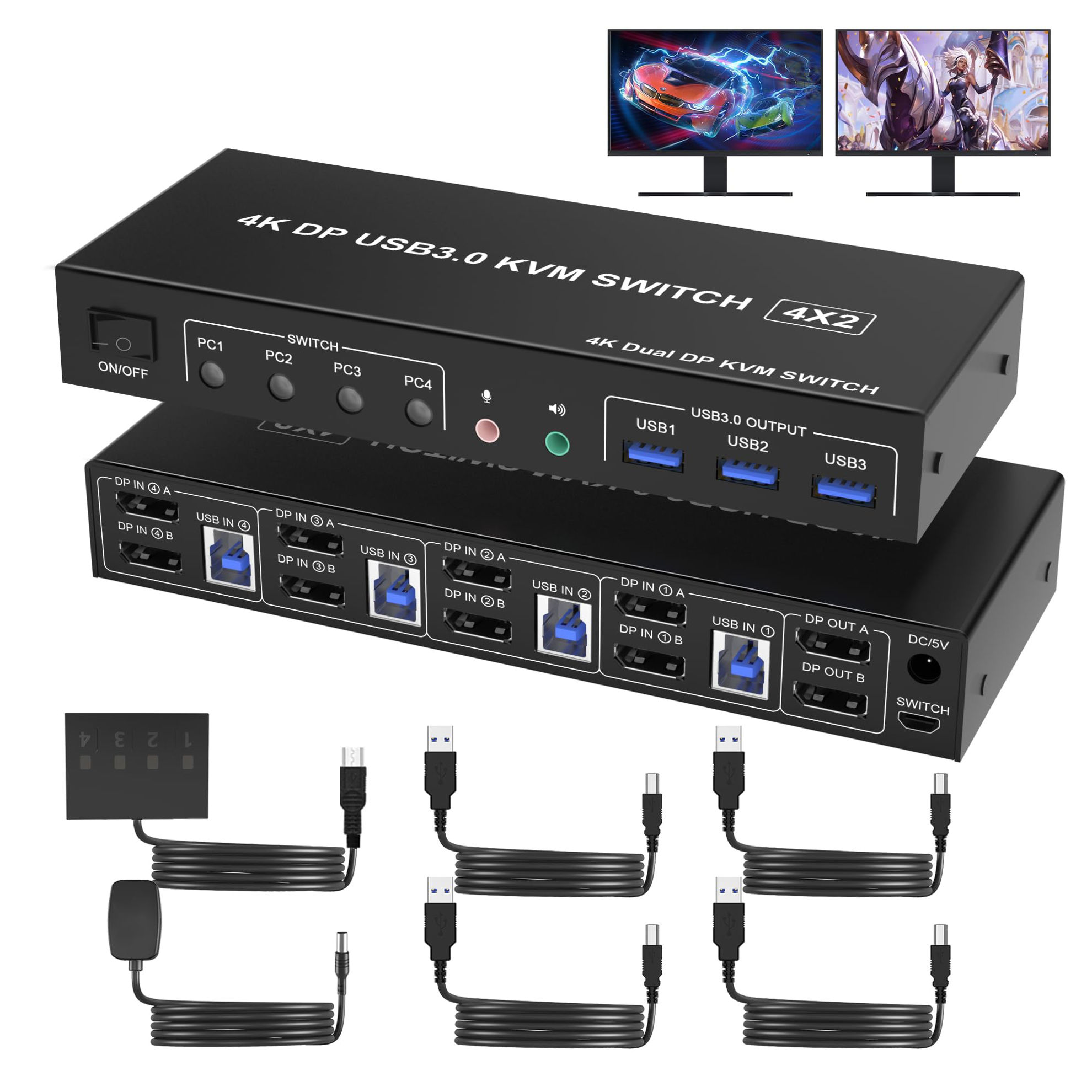 GetUSCart- USB 3.0 KVM Switch 2 Monitors 4 Computers Displayport 4K 60Hz, Dual Monitor ...