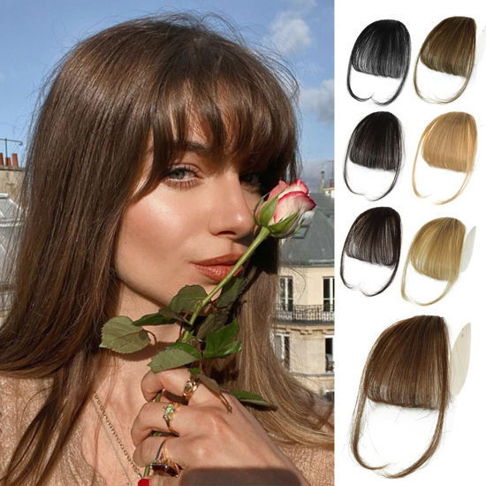 GetUSCart NAYOO Clip in Bangs 100 Human Hair Extensions Medium Brown on Wispy Fringe with Temples Hairpieces for Women Curved Daily Wear