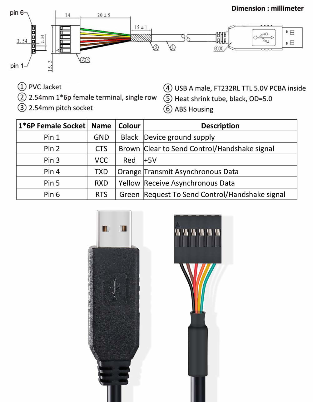 GetUSCart- DTech FTDI USB to TTL Serial 5V Adapter Cable 6 Pin 0.1 inch ...