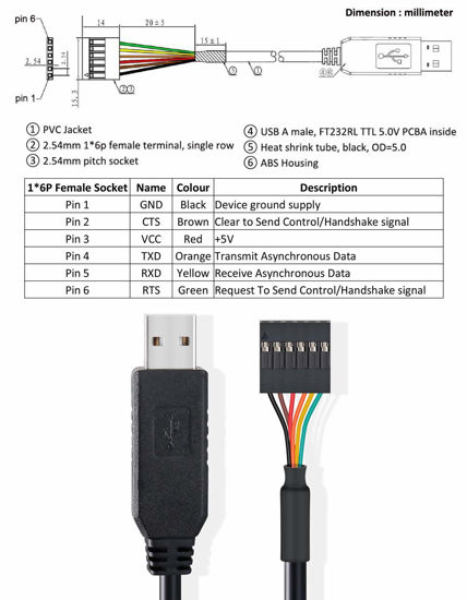GetUSCart- DTech FTDI USB to TTL Serial 5V Adapter Cable 6 Pin 0.1 inch ...
