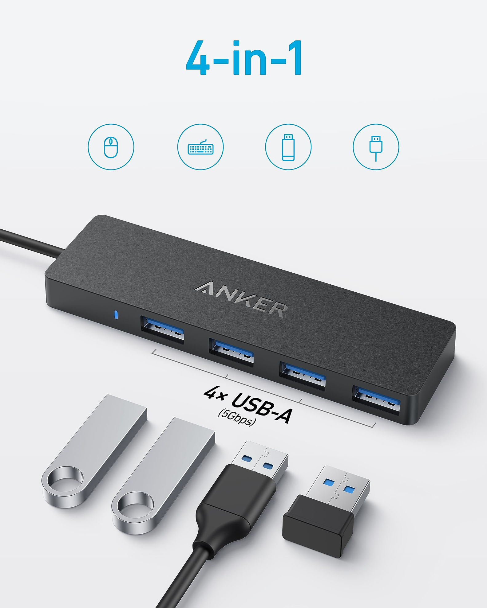 GetUSCart- Anker USB C Hub, 4 Ports USB 3.0 Data Hub with 5Gbps Data Transfer, 2ft Extended ...