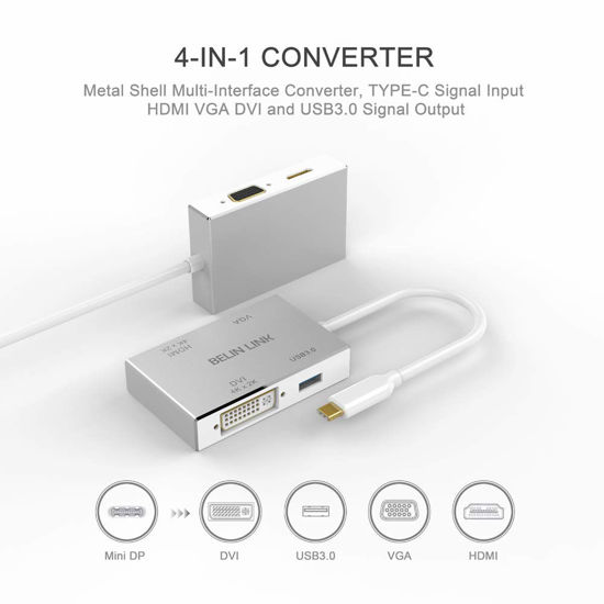 GetUSCart- BELIN LINK USB C to HDMI DVI VGA USB 3.0 Adapter,USB 3.1 Type-C 4in1 Hub to HDMI DVI ...
