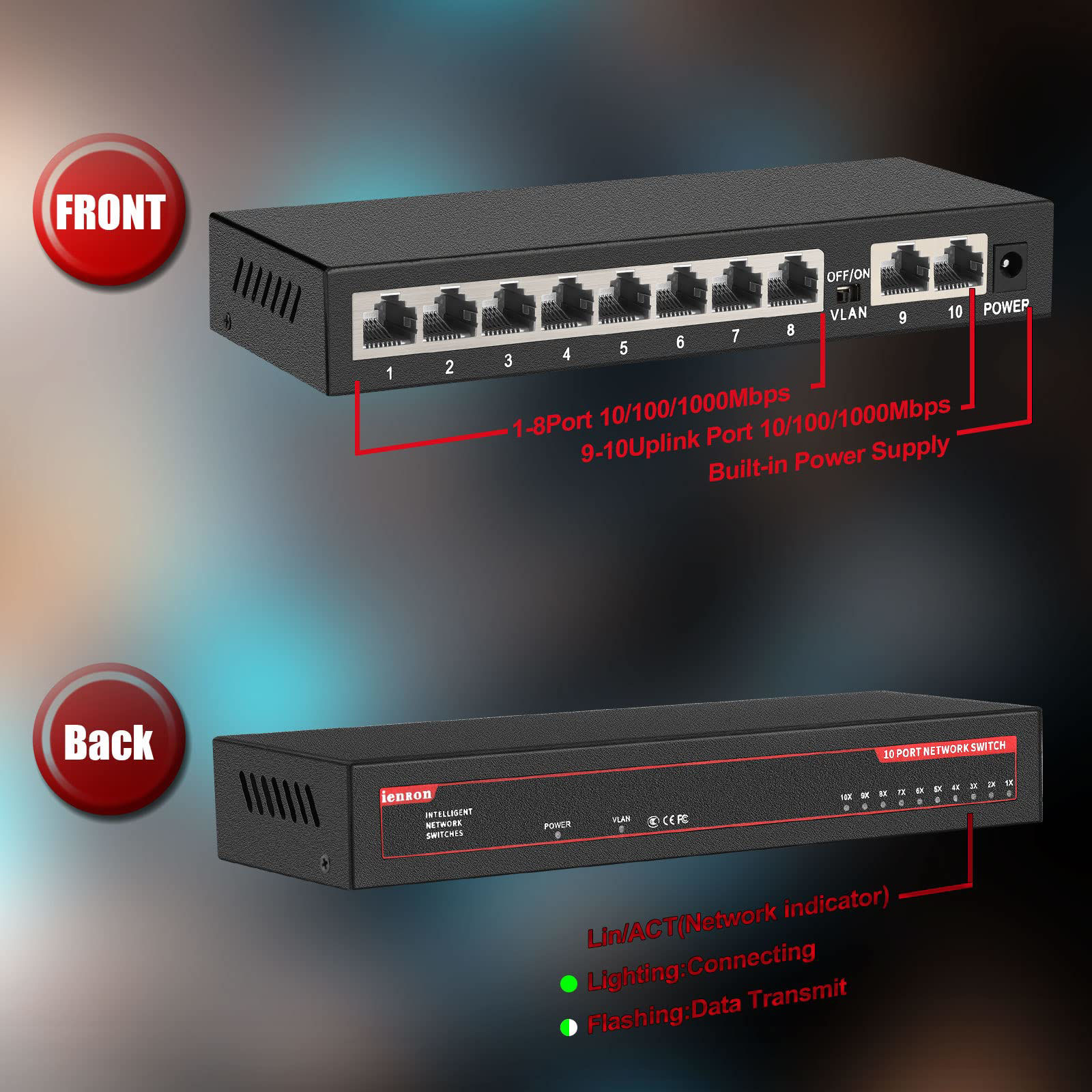GetUSCart- ienRon 10 Ports Gigabit Ethernet Switch-8 Gigabit Ports+ ...
