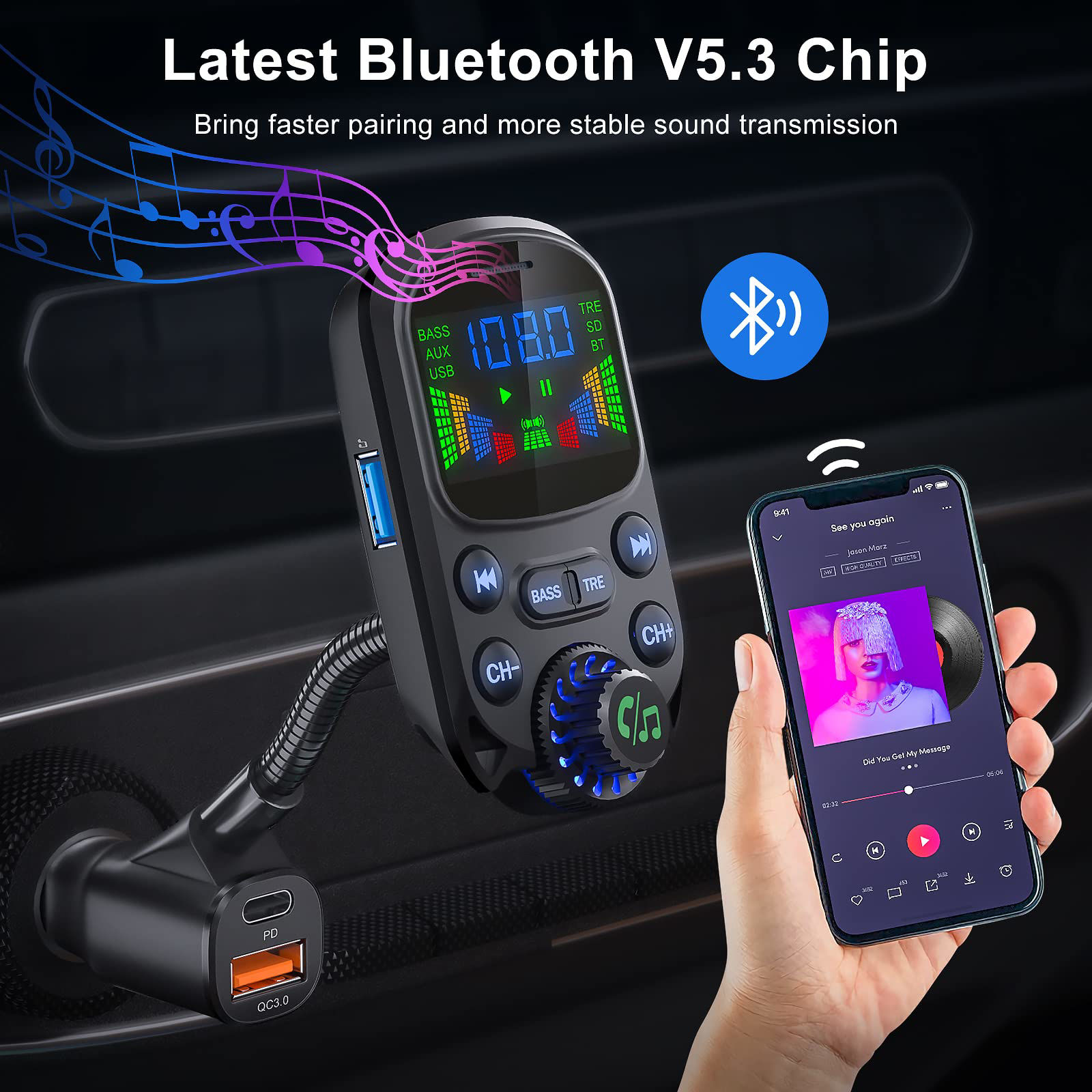 GetUSCart- Bluetooth 5.3 FM Transmitter for Car- SOARUN Bluetooth Car ...