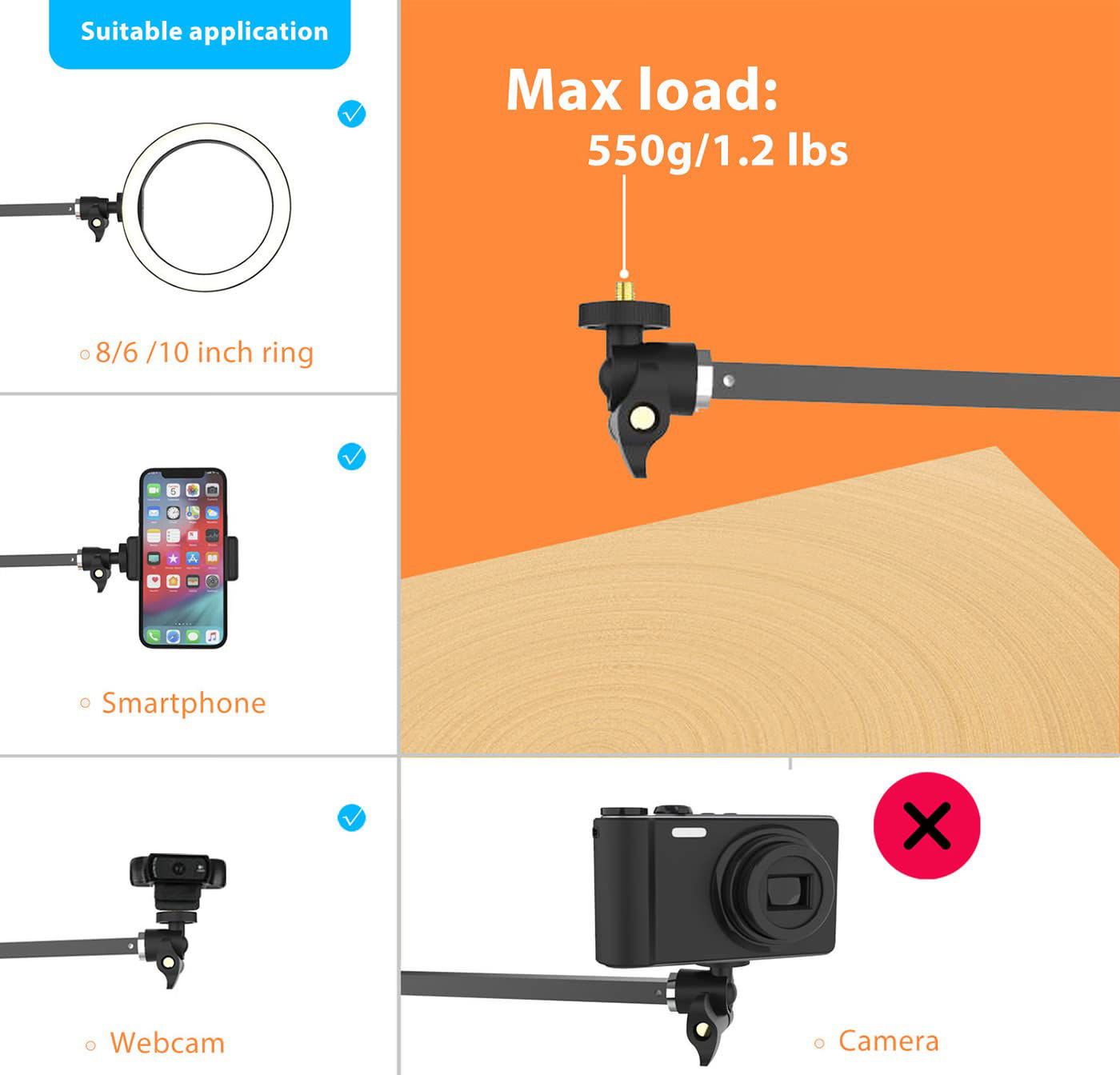 GetUSCart- Pozliv Long Overhead Tripod Mount for iPhone Webcam Ring ...