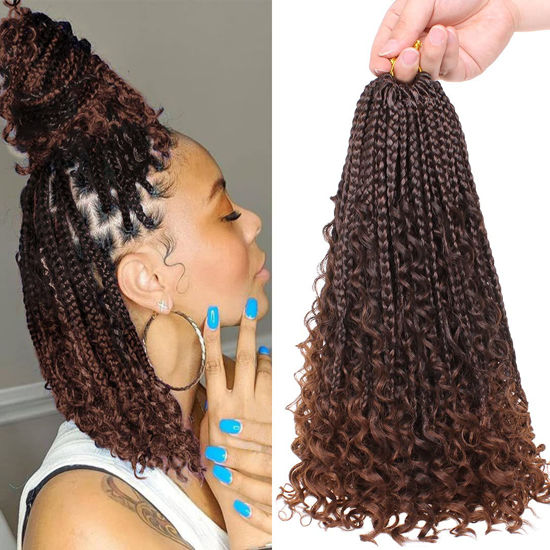GetUSCart Beverlee 14 Inch Boho Box Braids 8 Packs Goddess Box Braids Crochet hair Braiding Hair Bohemian Hair Hippie with Curly Ends Messy Pre looped Synthetic Crochet Braids for Black Women 128 Str...