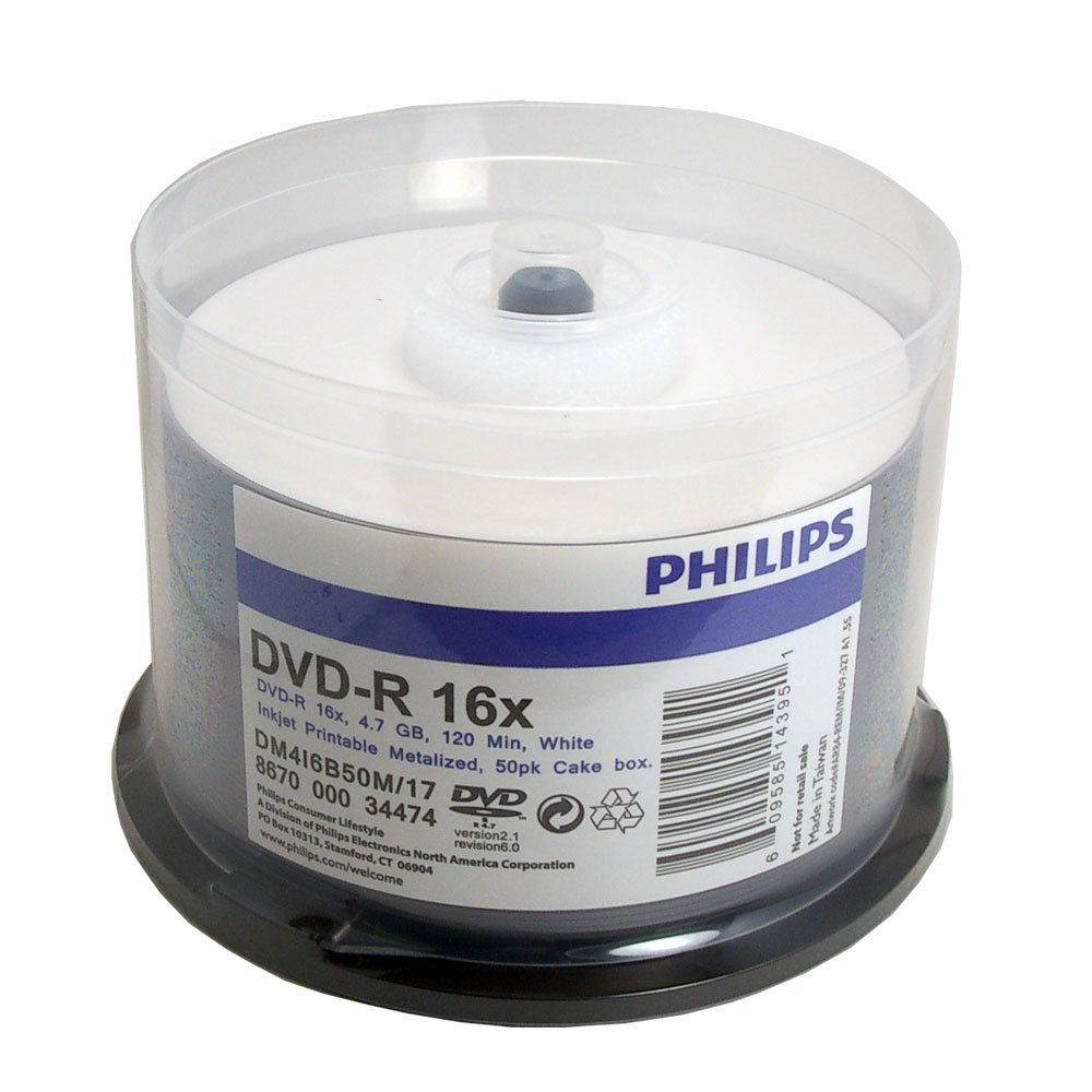 GetUSCart- Philips Brand Blank DVD-R 16x Disc, 50 Pack. White Inkjet ...