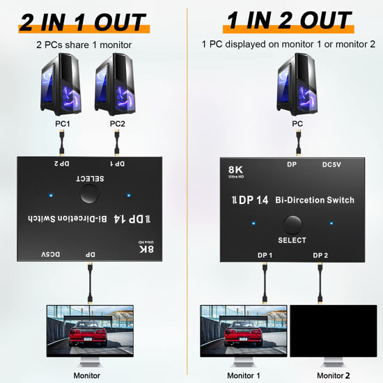 GetUSCart- 8K DisplayPort Switch Splitter,MLEEDA Bidirectional DP 1.4 Switcher 2 in 1 Out / 1 in ...