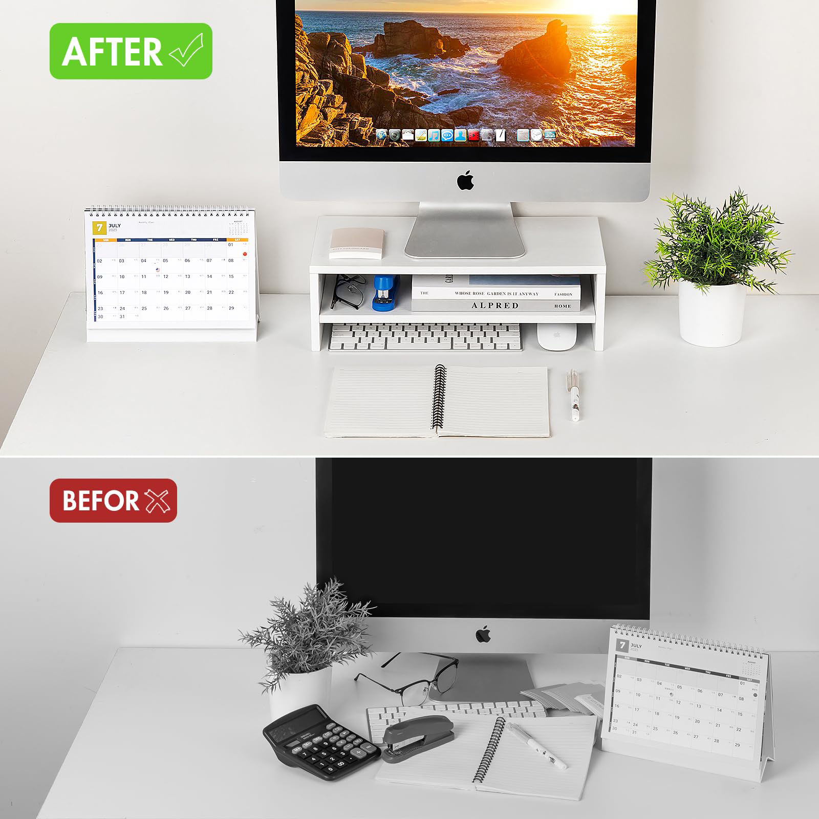 GetUSCart- BEYGORM White Monitor Stand Riser for Desk,2 Tiers Wood Desk ...