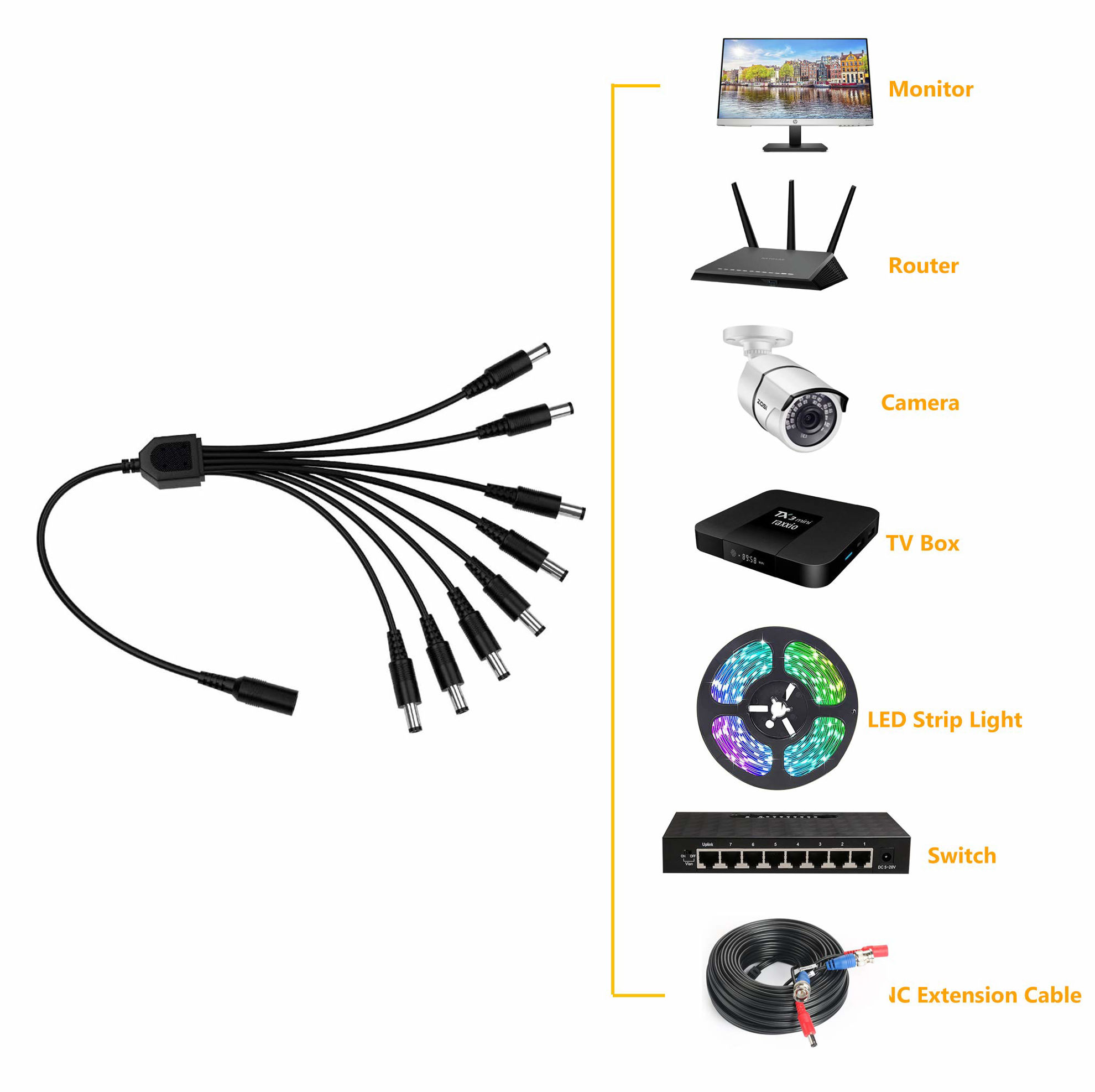 GetUSCart- DC Power Splitter Cable 1 Female to 8 Male Wire Y Adppter 5 ...