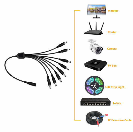 GetUSCart- DC Power Splitter Cable 1 Female to 8 Male Wire Y Adppter 5 ...