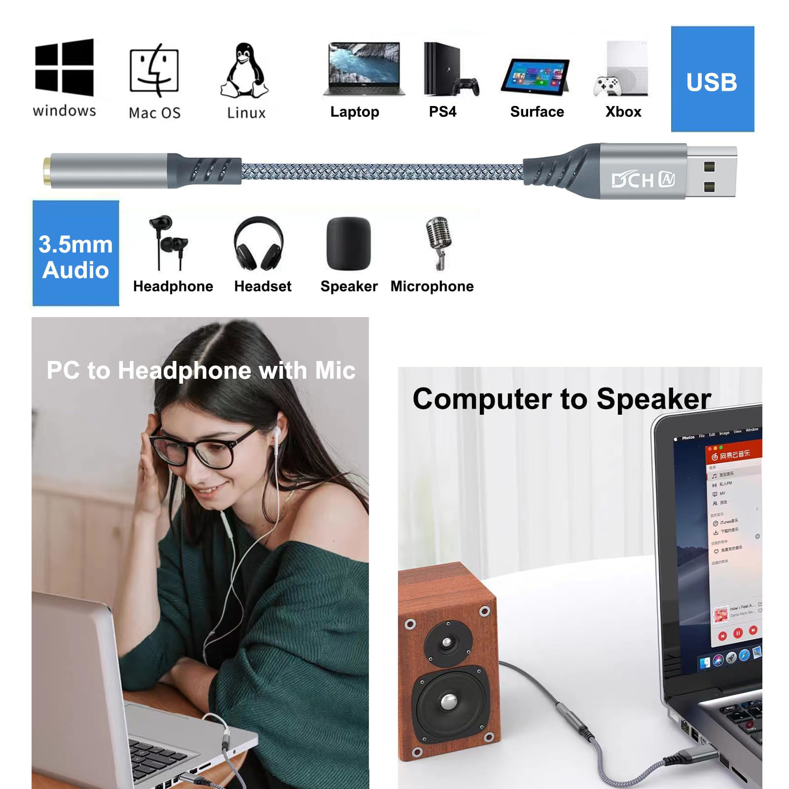 GetUSCart- DCHAV USB to 3.5mm Audio Adapter Microphone Headphone Jack ...