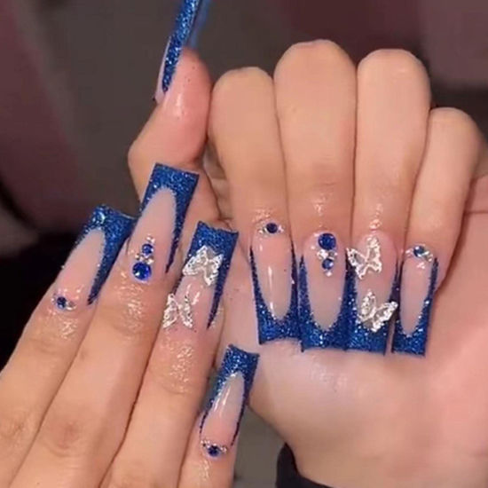 GetUSCart Kamize Medium Press on Nails Coffin Fake Nails Butterfly Rhinestones Full Cover Acrylic Blue False Nails for Women and Girls 24PCS