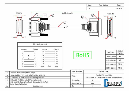 GetUSCart- Parallel Printer Cable, DB25 Male to Centronics 36 Male, 25 ...