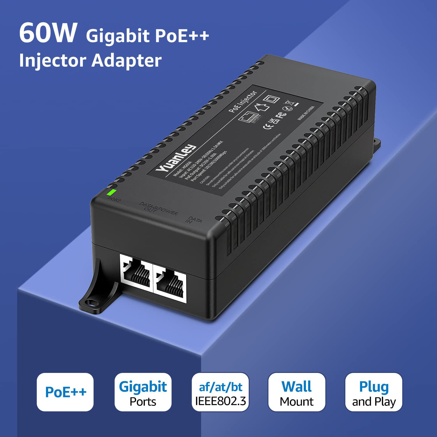 GetUSCart- YuanLey Gigabit PoE Injector 60W, PoE++ Injector Converts ...