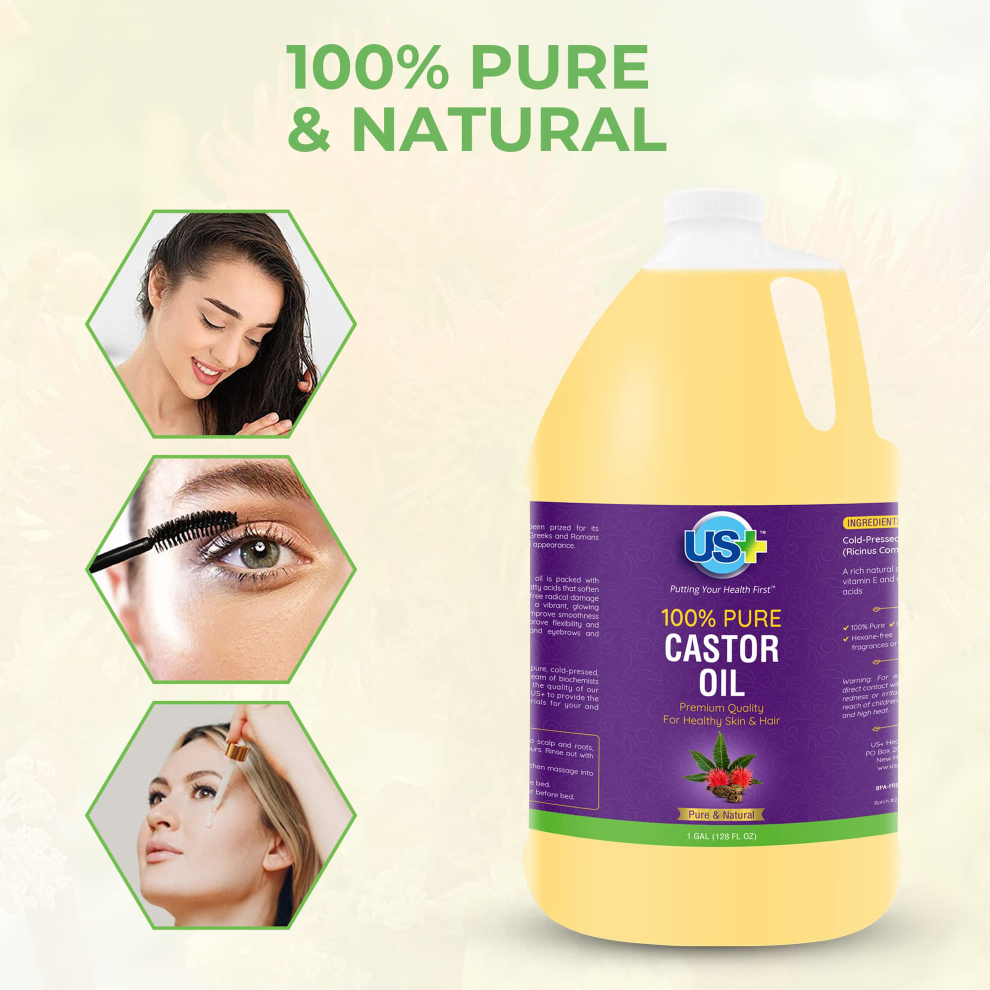 GetUSCart- 100% Pure Castor Oil - Cold-pressed, Unrefined, Hexane-free - Premium Quality - USP ...