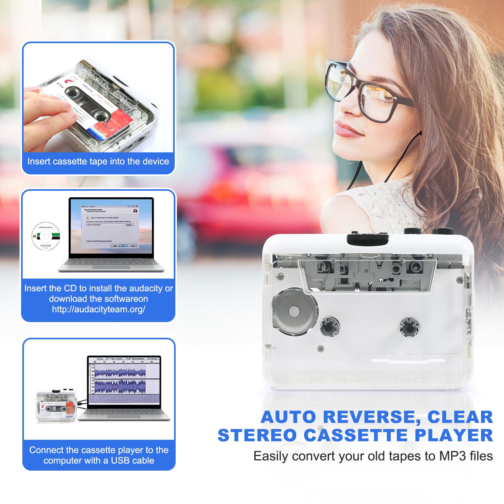 GetUSCart- Walkman Auto Reverse ＆Clear Stereo Cassette Player,Built-in ...
