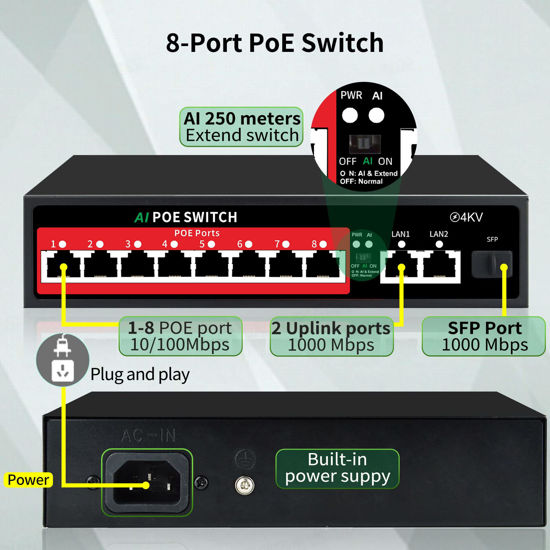 GetUSCart- STEAMEMO 11-Port Ethernet Unmanaged PoE Switch, 8 PoE+ Ports ...