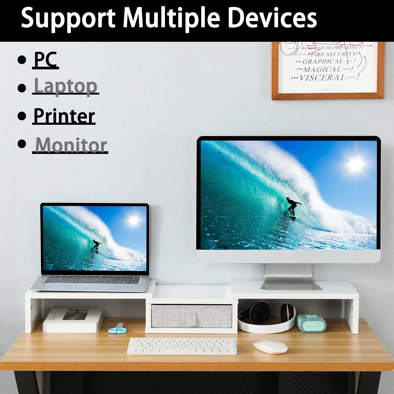 GetUSCart- TEAMIX White Dual Monitor Stand Riser with Drawer - Length ...