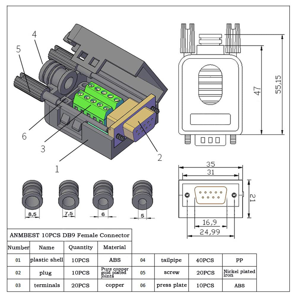 GetUSCart- ANMBEST 10PCS DB9 Female Breakout Connector,DB9 Solderless ...