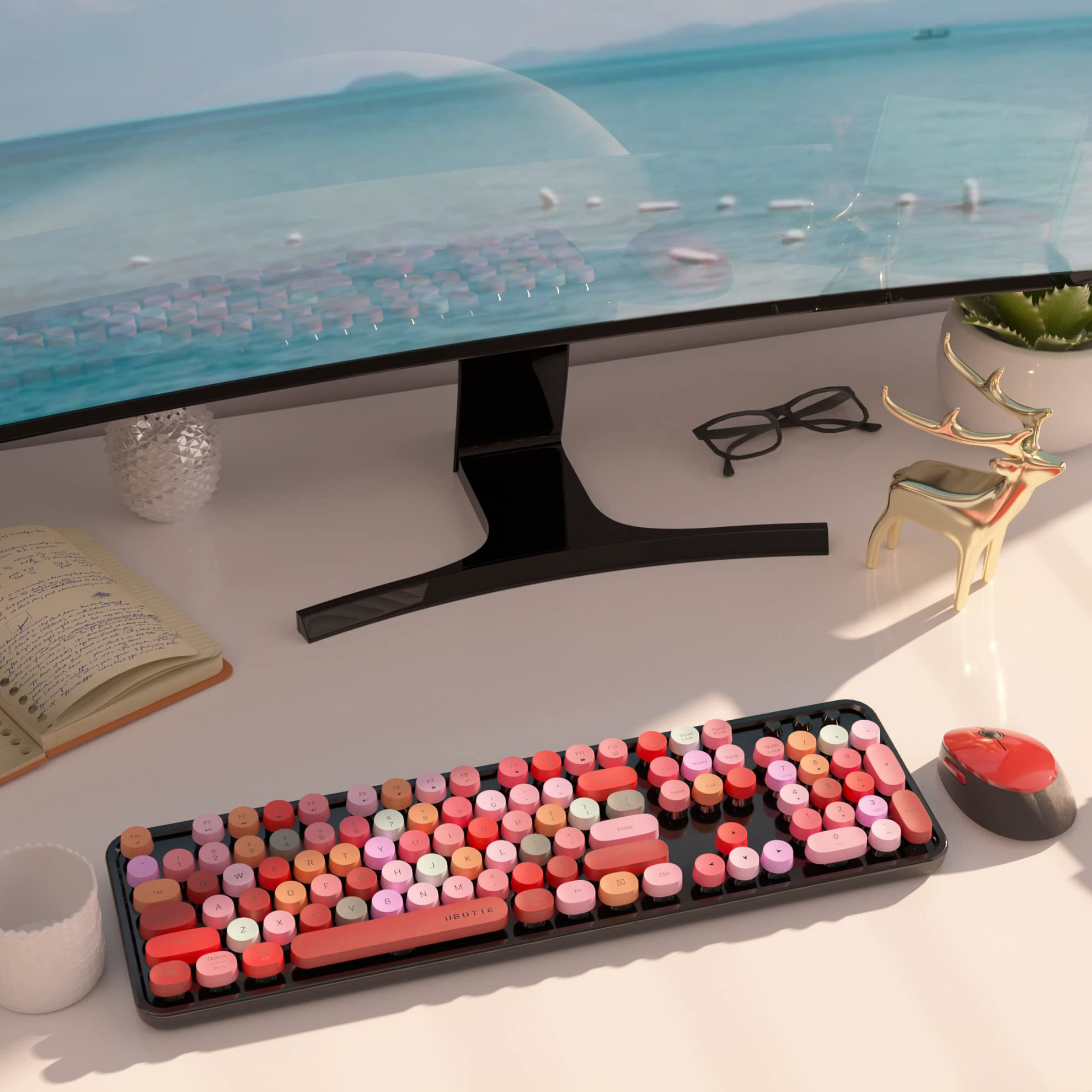 Getuscart Ubotie Colorful Computer Wireless Keyboard Mouse Combos Typewriter Flexible Keys