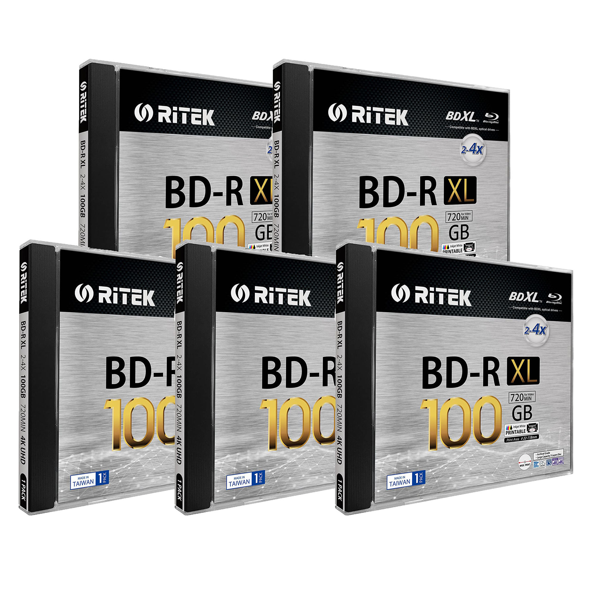 GetUSCart- 5 Pack Ritek BD-R XL BDXL 100GB Archival Grade Triple Layers 4X White Inkjet Hub ...