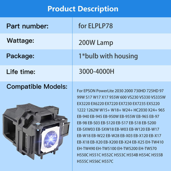 GetUSCart- SHIYUSYAA ELPLP78 V13H010L78 Replacement Projector Bulb for ...