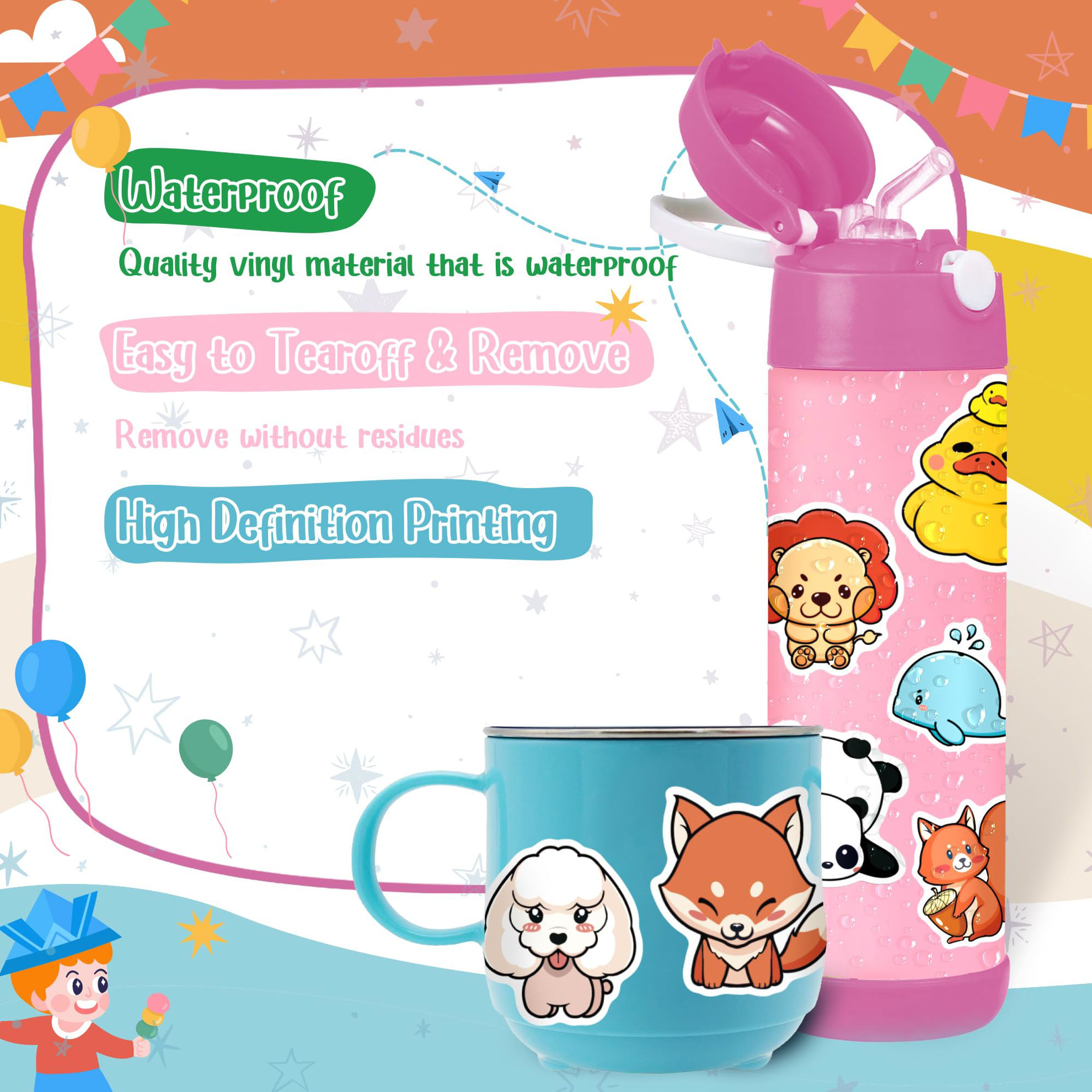 GetUSCart- Kolmi 100 Pcs Cute Water Bottle Stickers for Kids Classroom ...