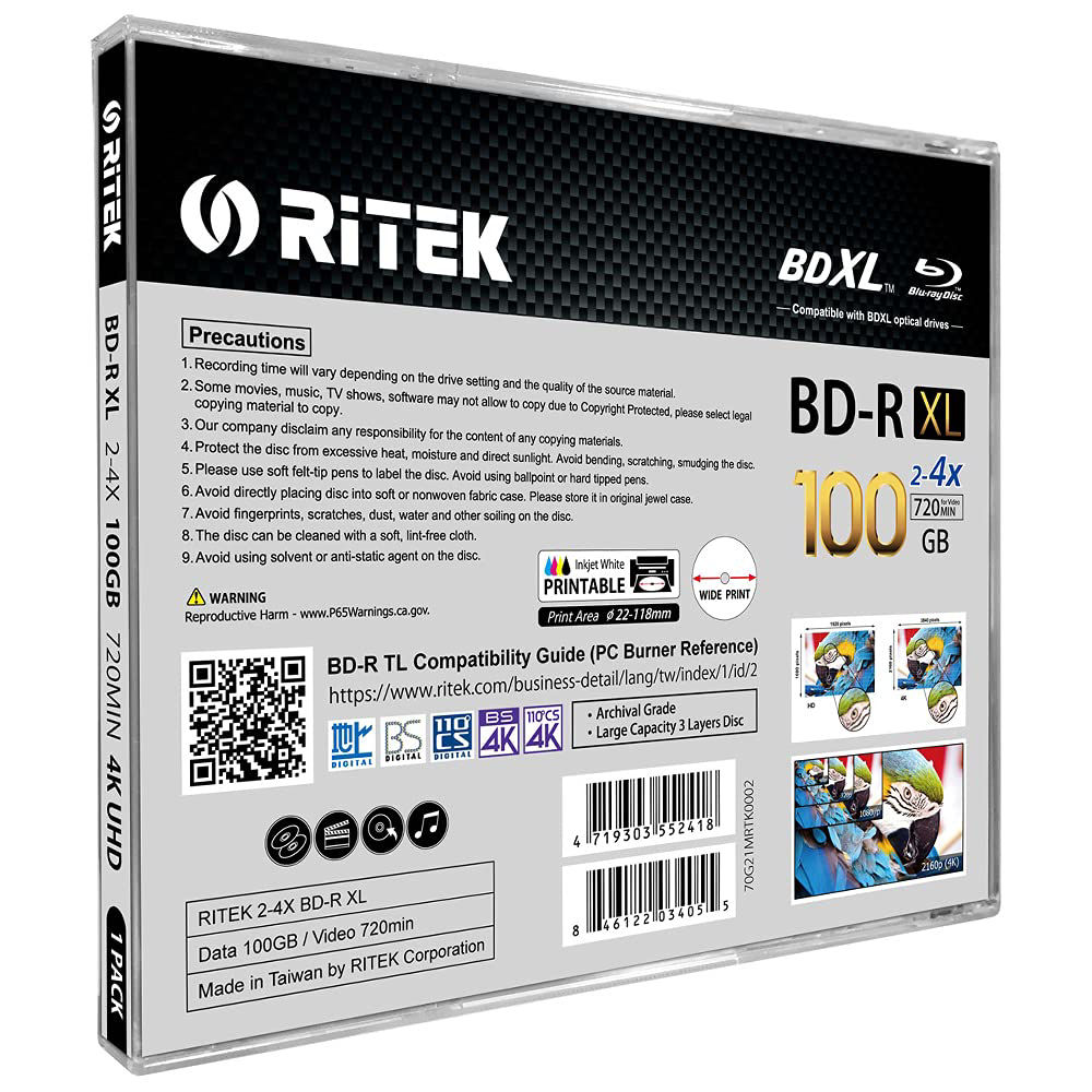 GetUSCart- 10 Pack Ritek BD-R XL BDXL 100GB Triple Layers 4X White Inkjet Hub Printable Blank ...
