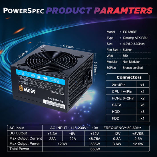 GetUSCart- PowerSpec 650W Power Supply 80 Plus Bronze Certified Fixed ...