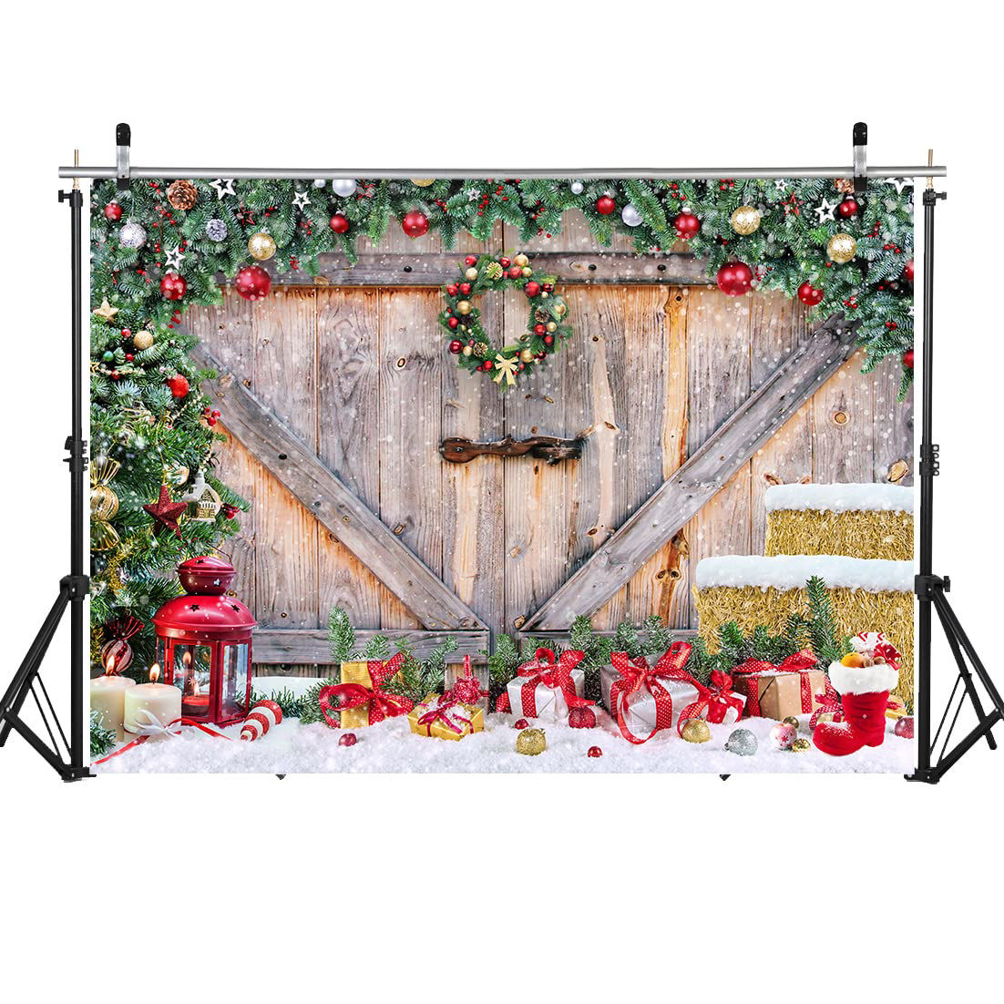 GetUSCart- WOLADA 7x5FT Christmas Backdrop Christmas Barn Wood Door Backdrop Xmas Tree Snow Gift ...