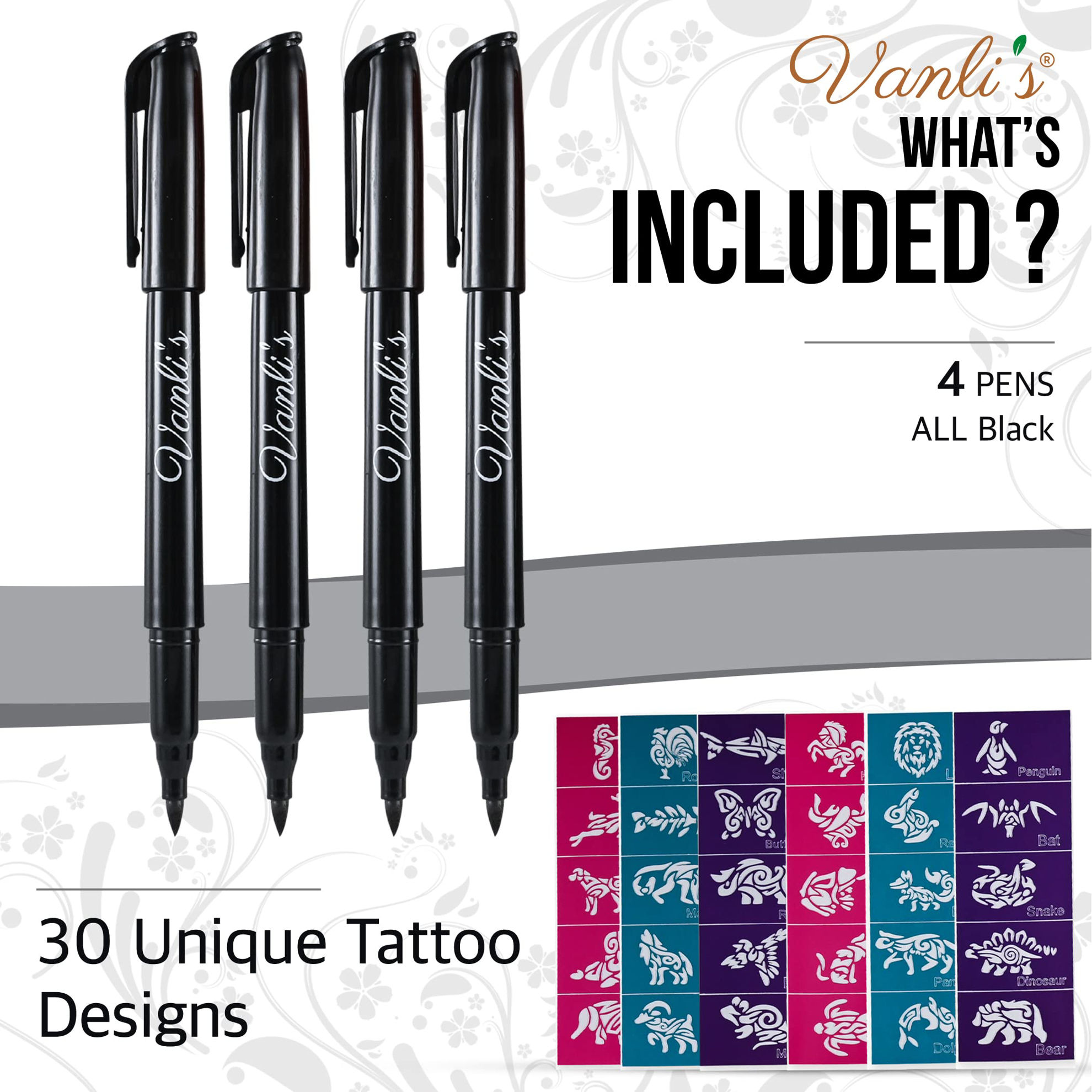 GetUSCart- Vanli's Temporary Tattoo Markers for Skin With 30 Unique Tattoo Stencils. Black ...
