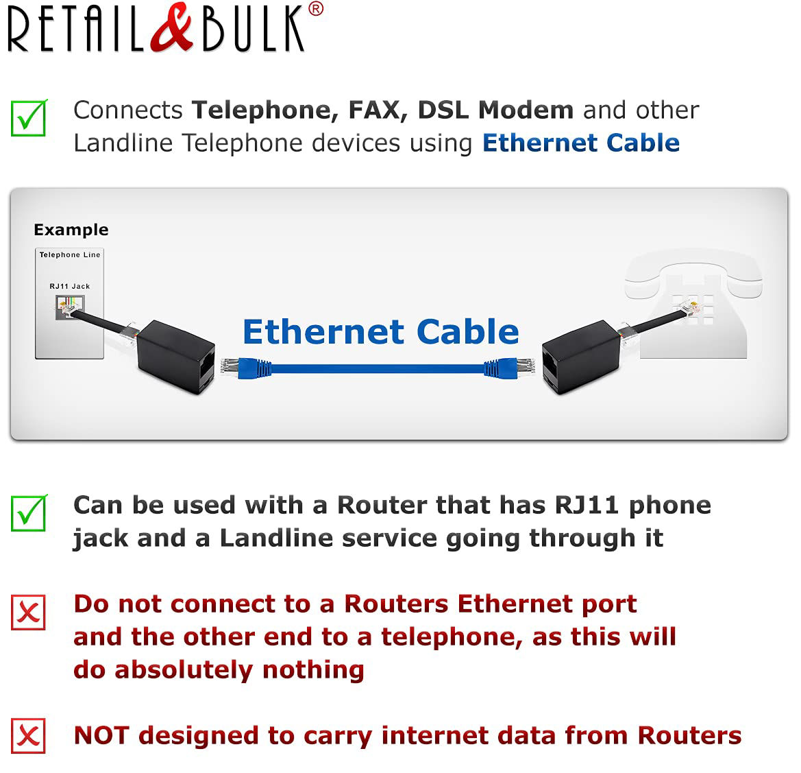GetUSCart- RetailAndBulk (1 Pack) Phone Jack to Ethernet Adapter RJ45 ...