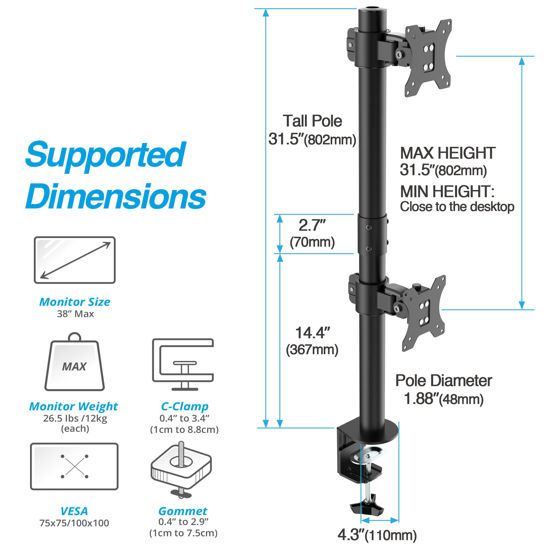 GetUSCart- AVLT 38" Vertical Ultrawide Monitor Mount Stand Two Stacked ...
