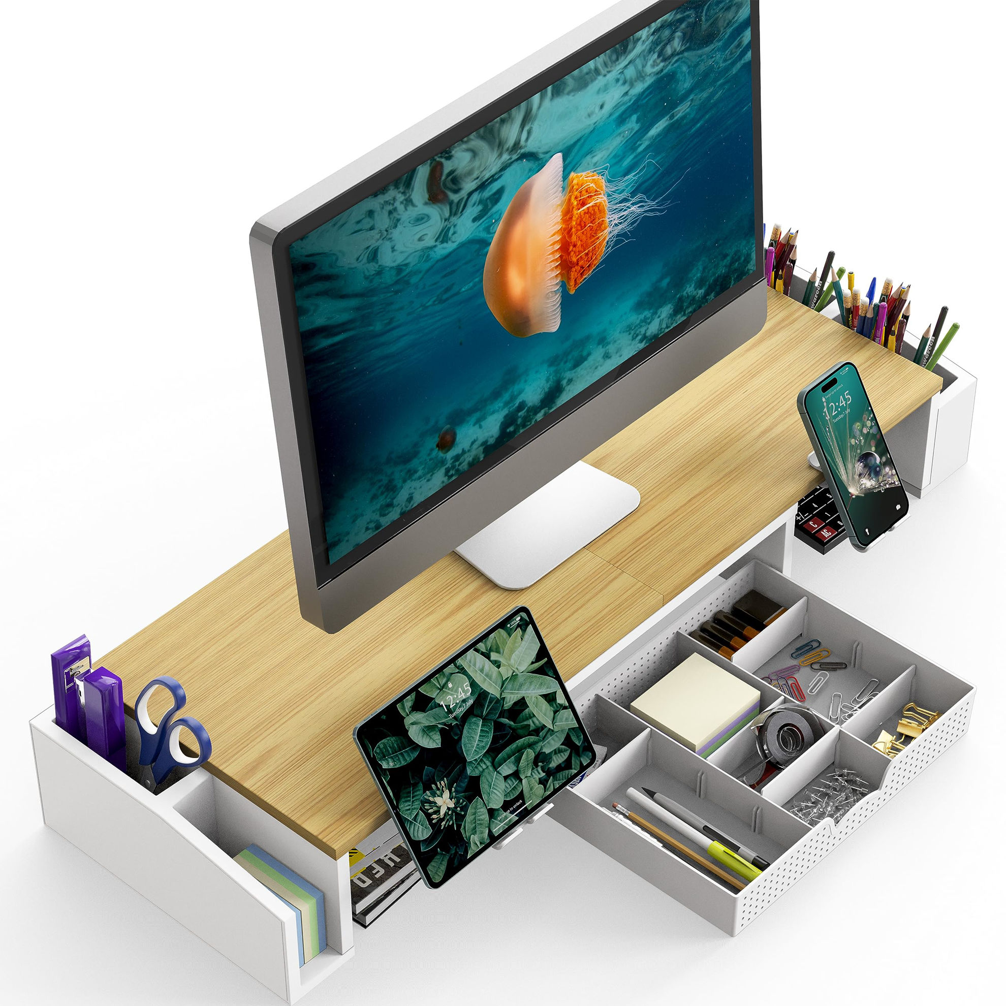 GetUSCart- Simple Houseware Desk Dual Monitor Stand Riser with Drawer, Oak