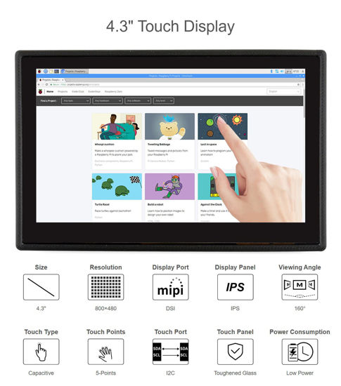 GetUSCart- Waveshare 4.3 Inch Touch Screen DSI LCD with Case for Raspberry Pi 4B, 800×480 ...