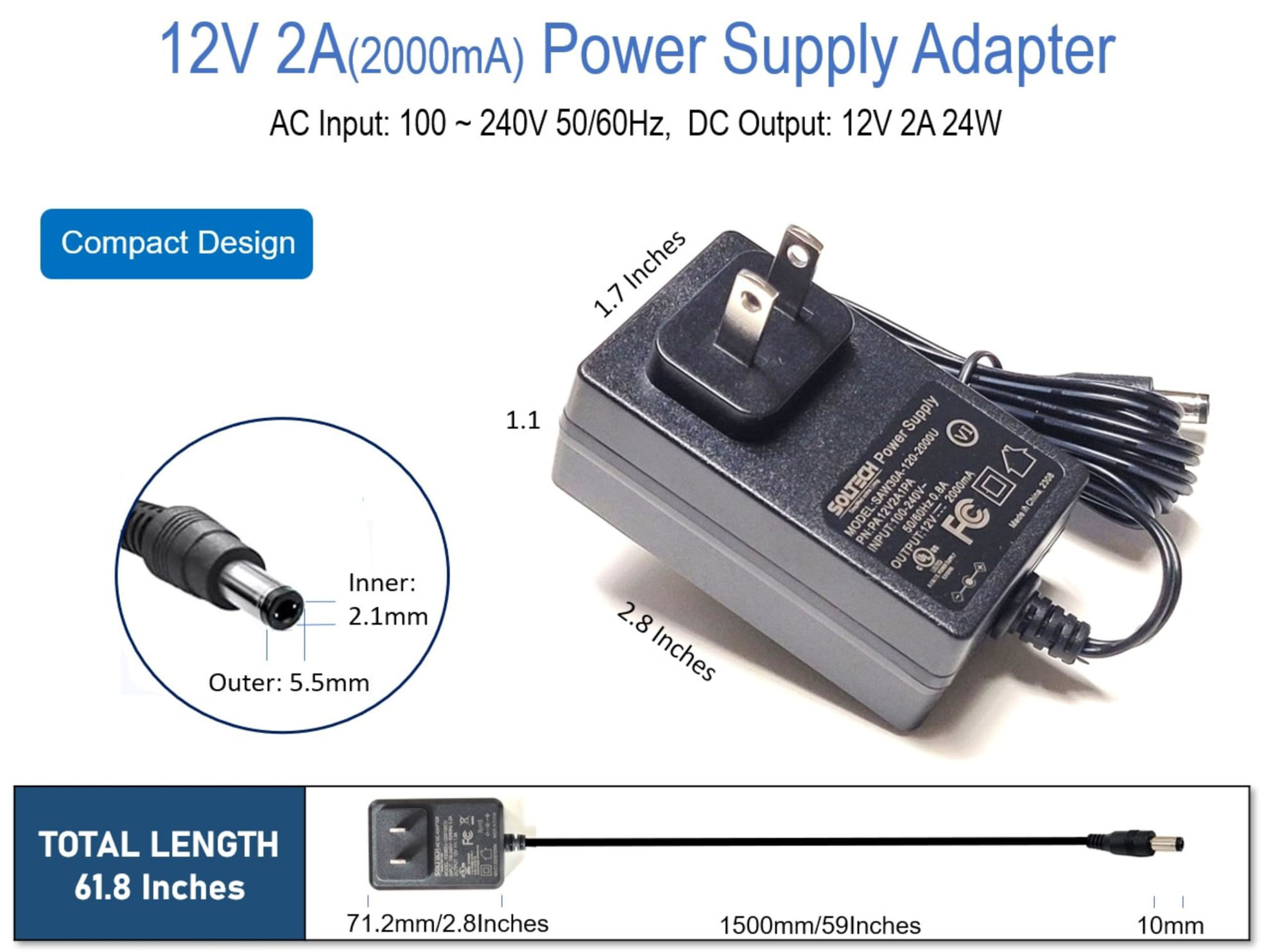 GetUSCart- [4-Pack, UL Listed] SOLTECH 12V 2A Universal AC Adapter Charger, 12Volts 2000mA ...