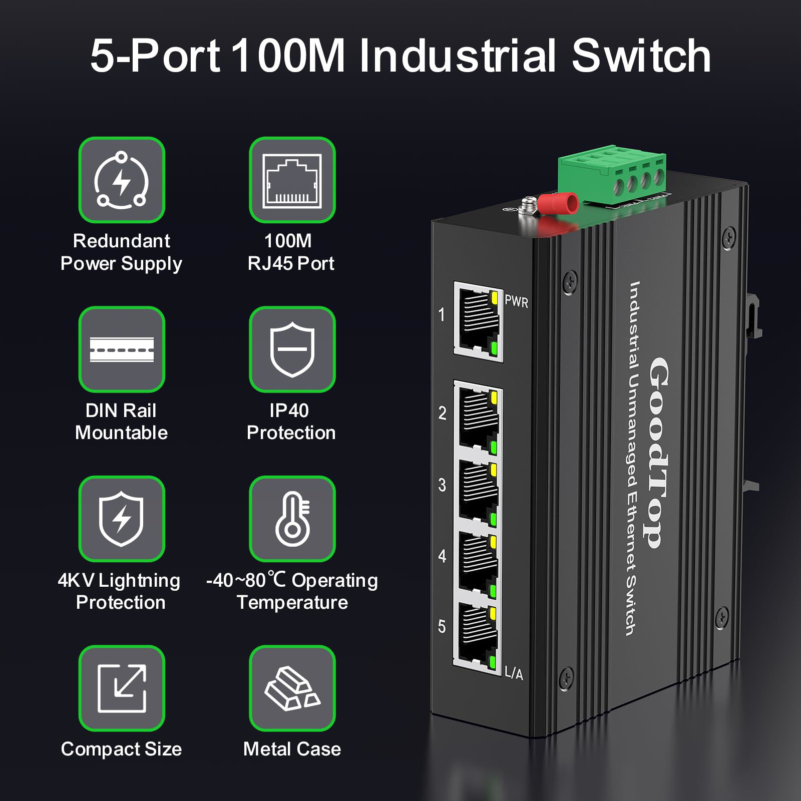 GetUSCart- GoodTop 5 Port 100Mb Unmanaged Industrial Switch with DIN Rail 15W Power Supply,DIN ...