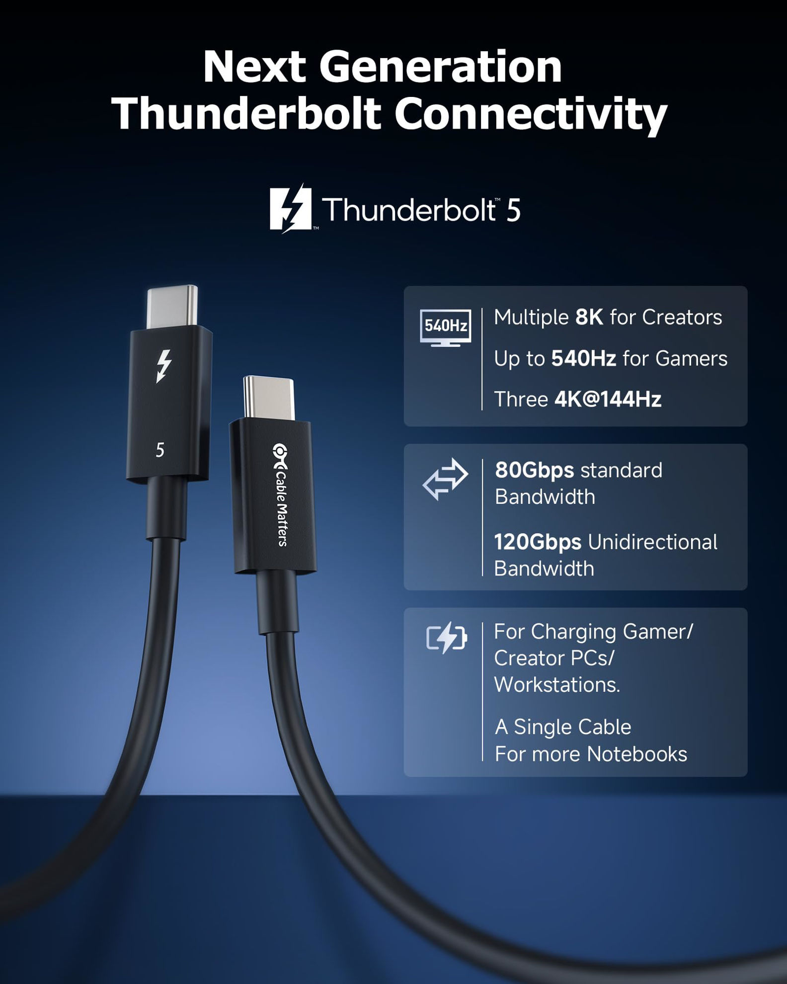 GetUSCart- Cable Matters [Intel Certified] 80Gbps Thunderbolt 5 Cable with up to 120Gbps ...