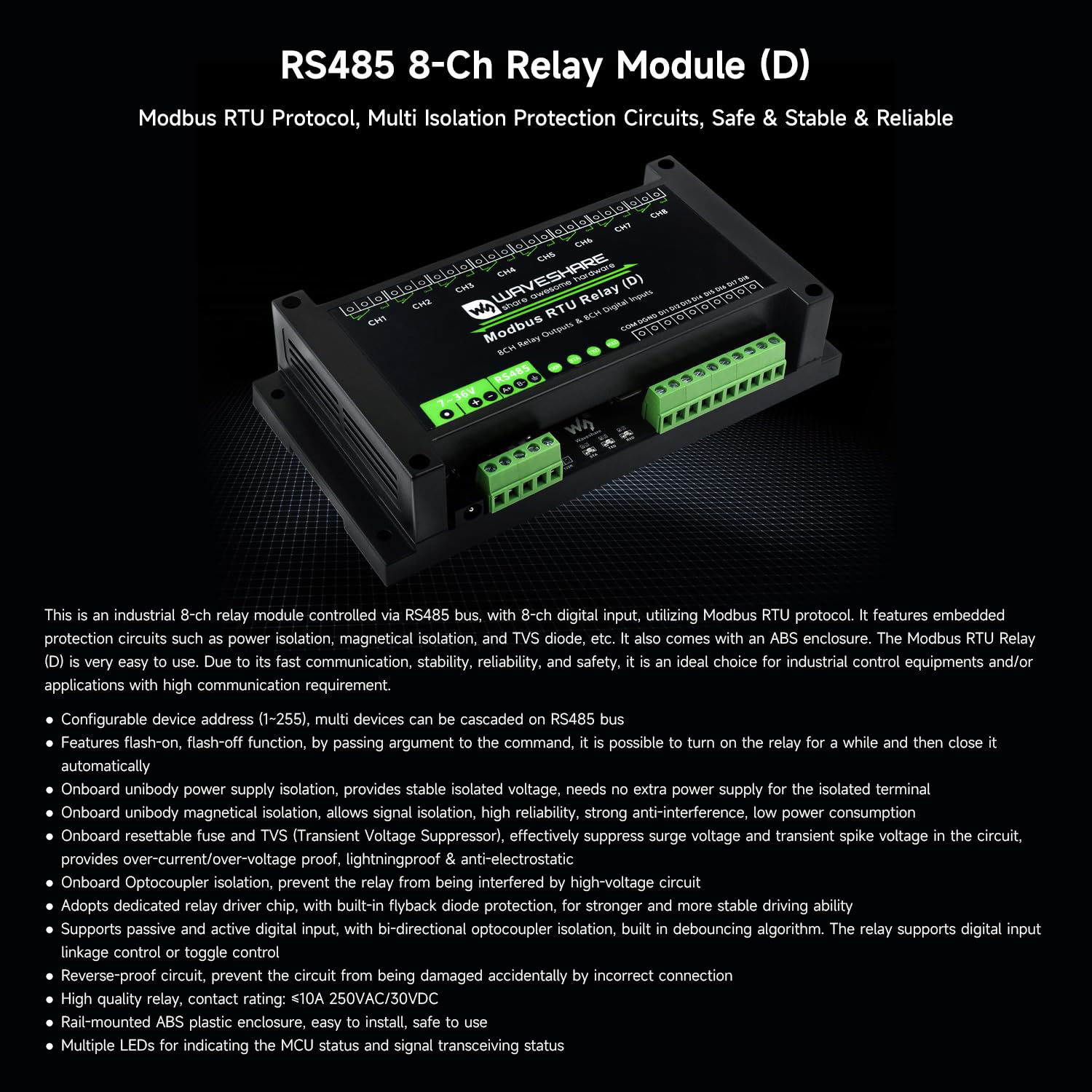 GetUSCart- Waveshare Industrial Modbus RTU 8-Ch Relay Module (D) with Digital Input and RS485 ...