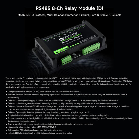 GetUSCart- Waveshare Industrial Modbus RTU 8-Ch Relay Module (D) with ...