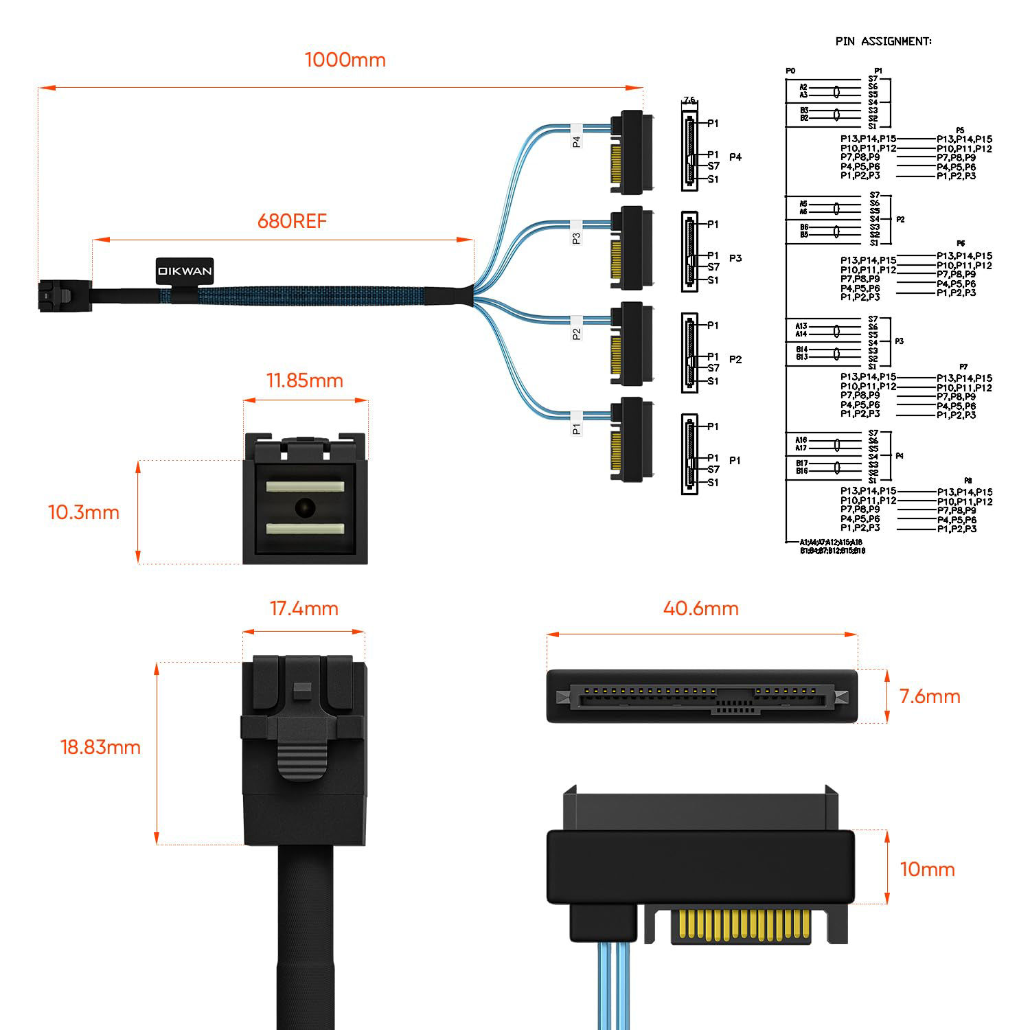 GetUSCart- OIKWAN SFF-8643 Internal Mini SAS HD to (4) 29pin SFF-8482 ...