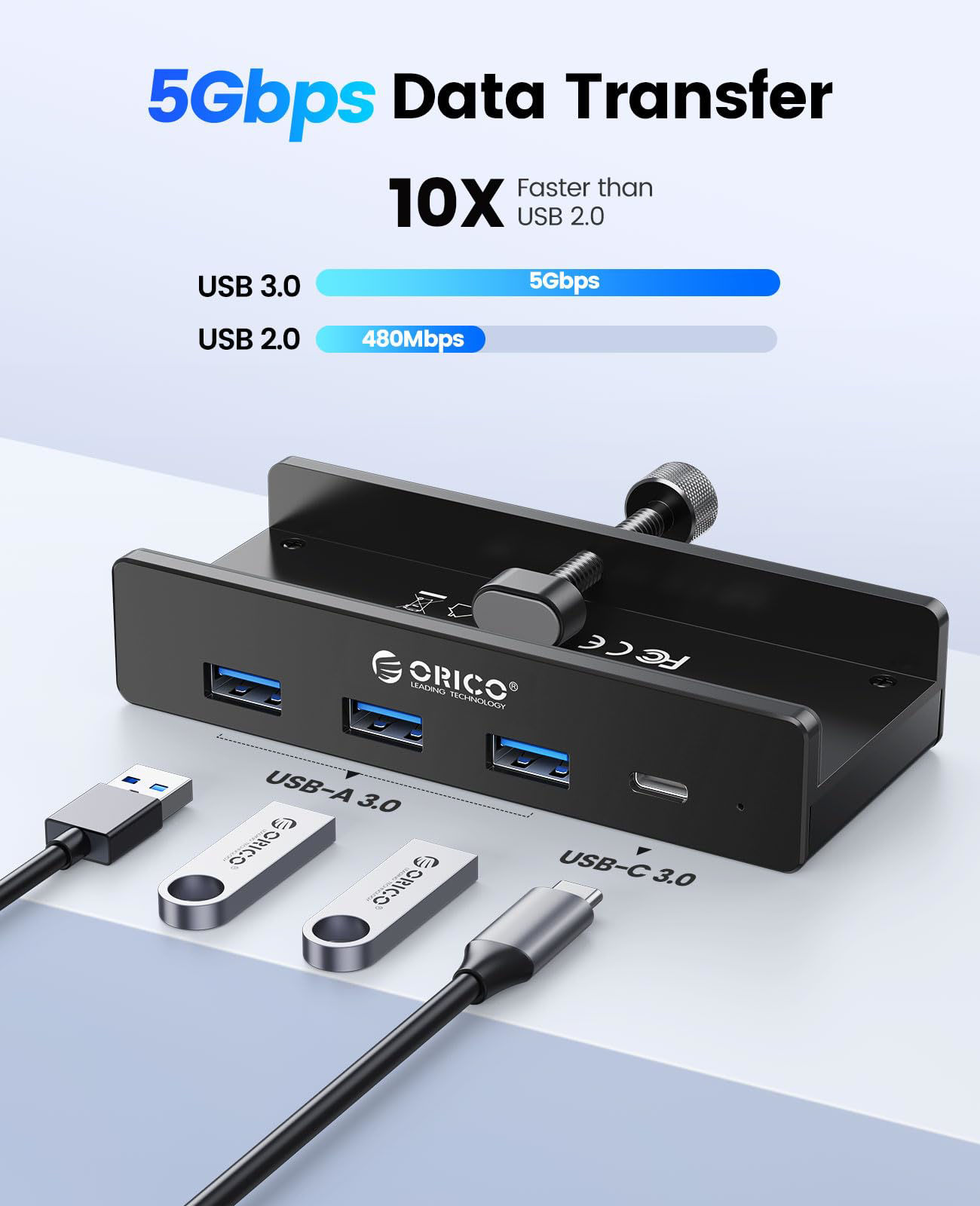 GetUSCart- ORICO USB Hub 3.0, Clamp USB Hub with Extra Power Supply Port, Aluminum 4-Port USB ...