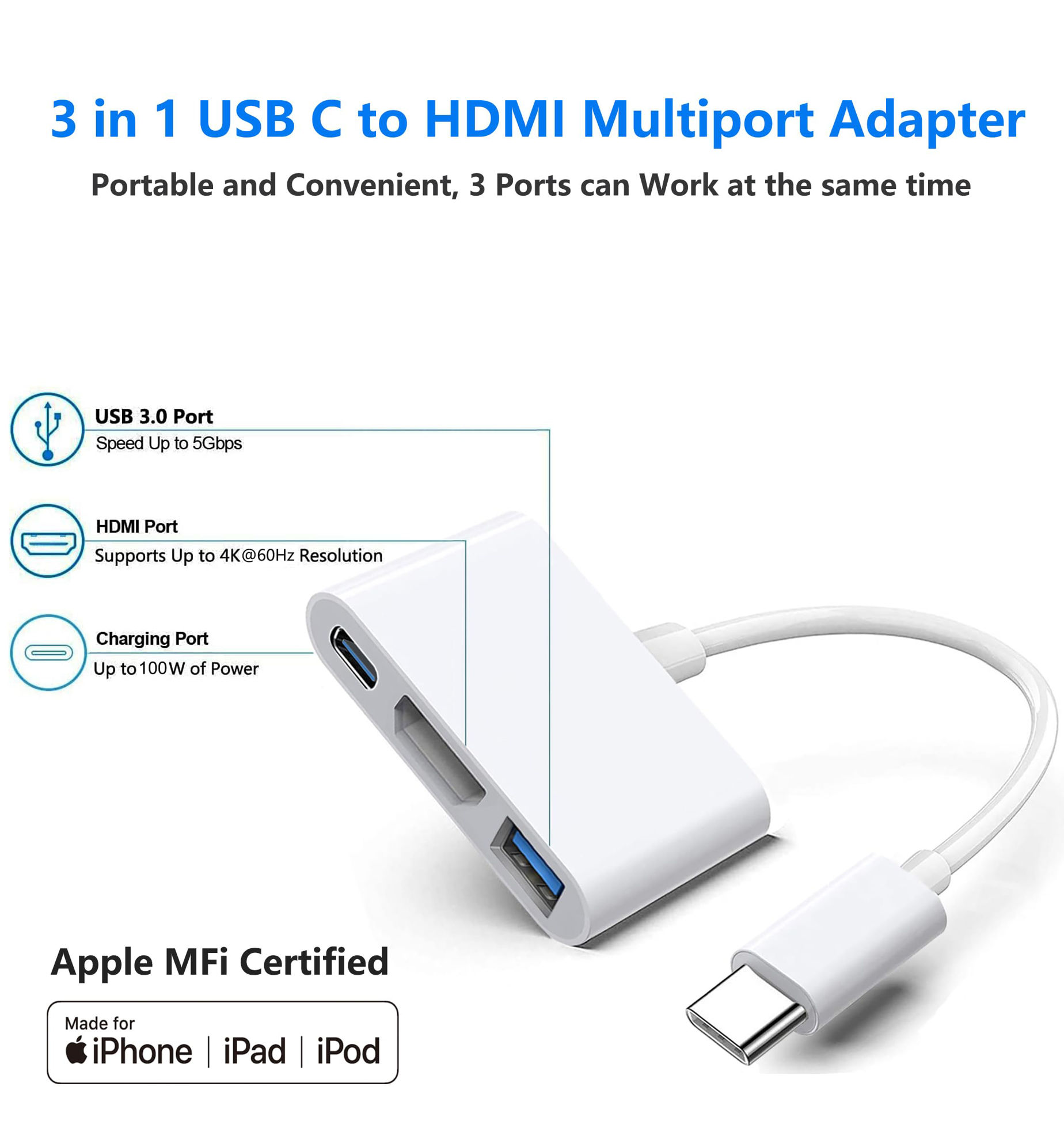 GetUSCart- USB-C Digital AV Multiport Adapter, Apple MFi Certified Digital AV Dongle with HDMI ...