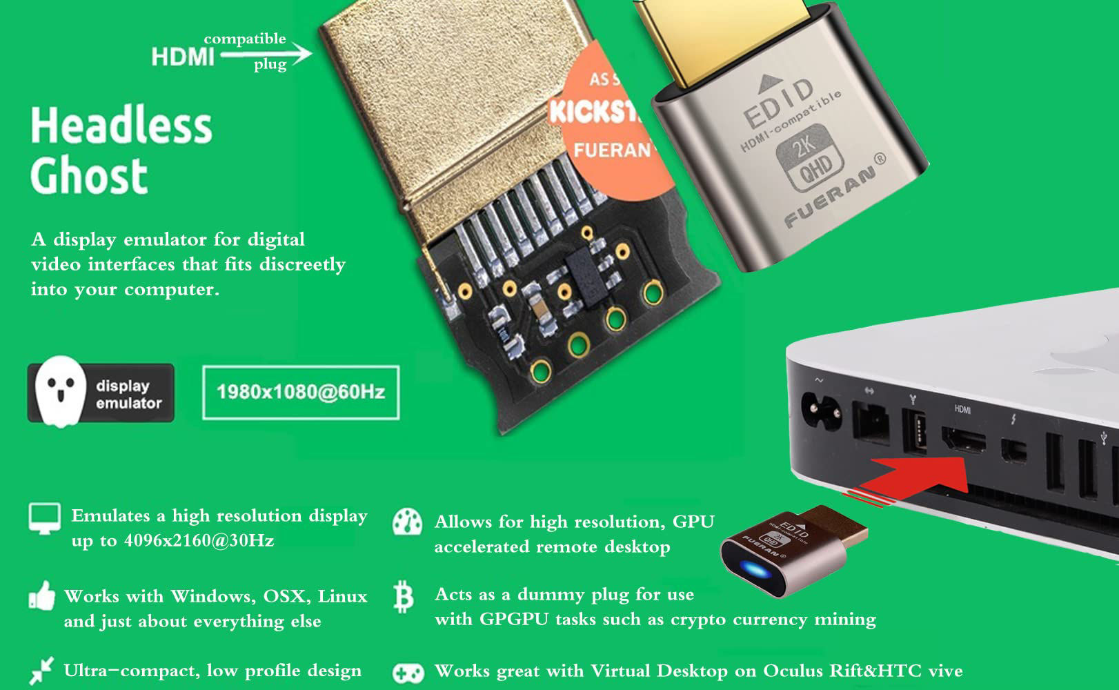 GetUSCart- FUERAN Dummy Plug,Headless Ghost Display Emulator HDMI-Compatible（Fit Headless ...