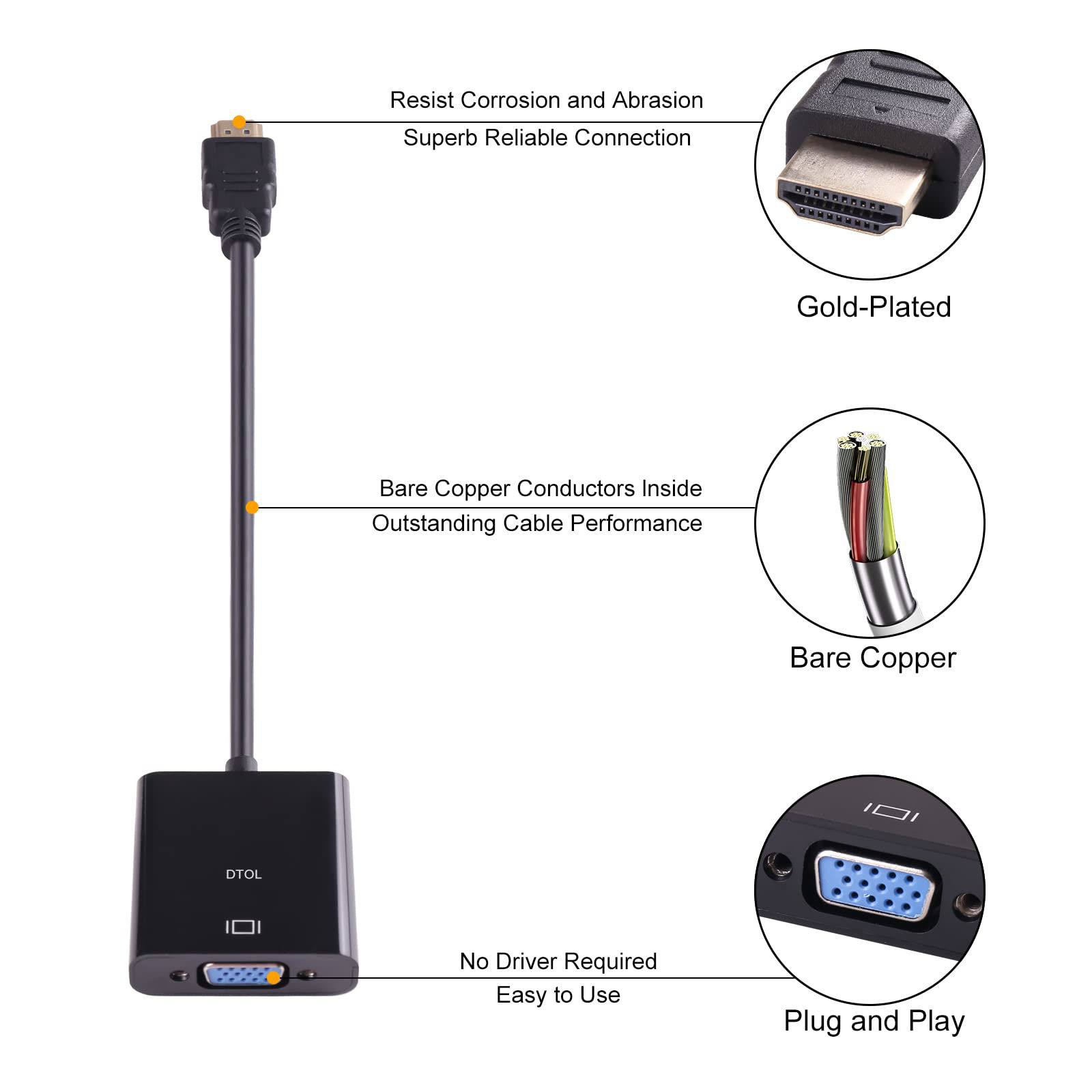 GetUSCart- DTOL HDMI to VGA, Gold-Plated HDMI to VGA Adapter (Male to ...