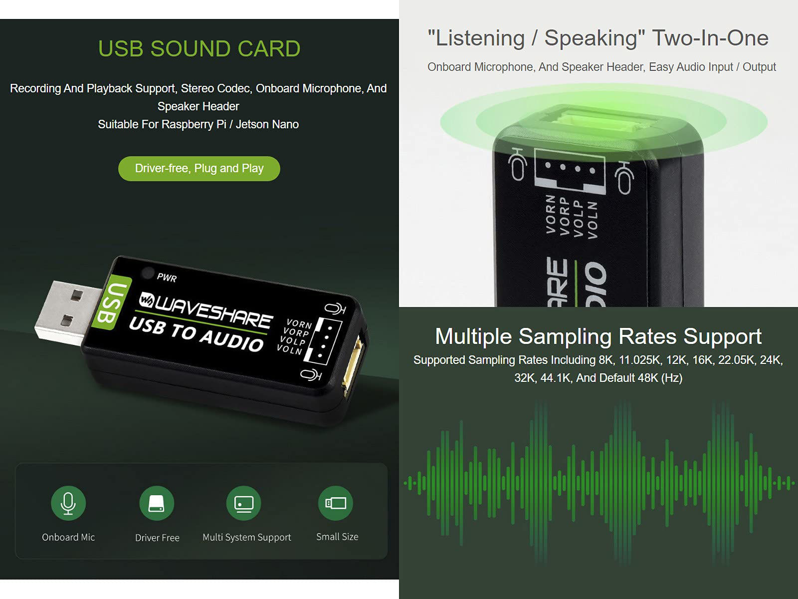 GetUSCart- Waveshare USB Sound Card for Raspberry Pi/Jetson Nano USB Audio Module External Audio ...
