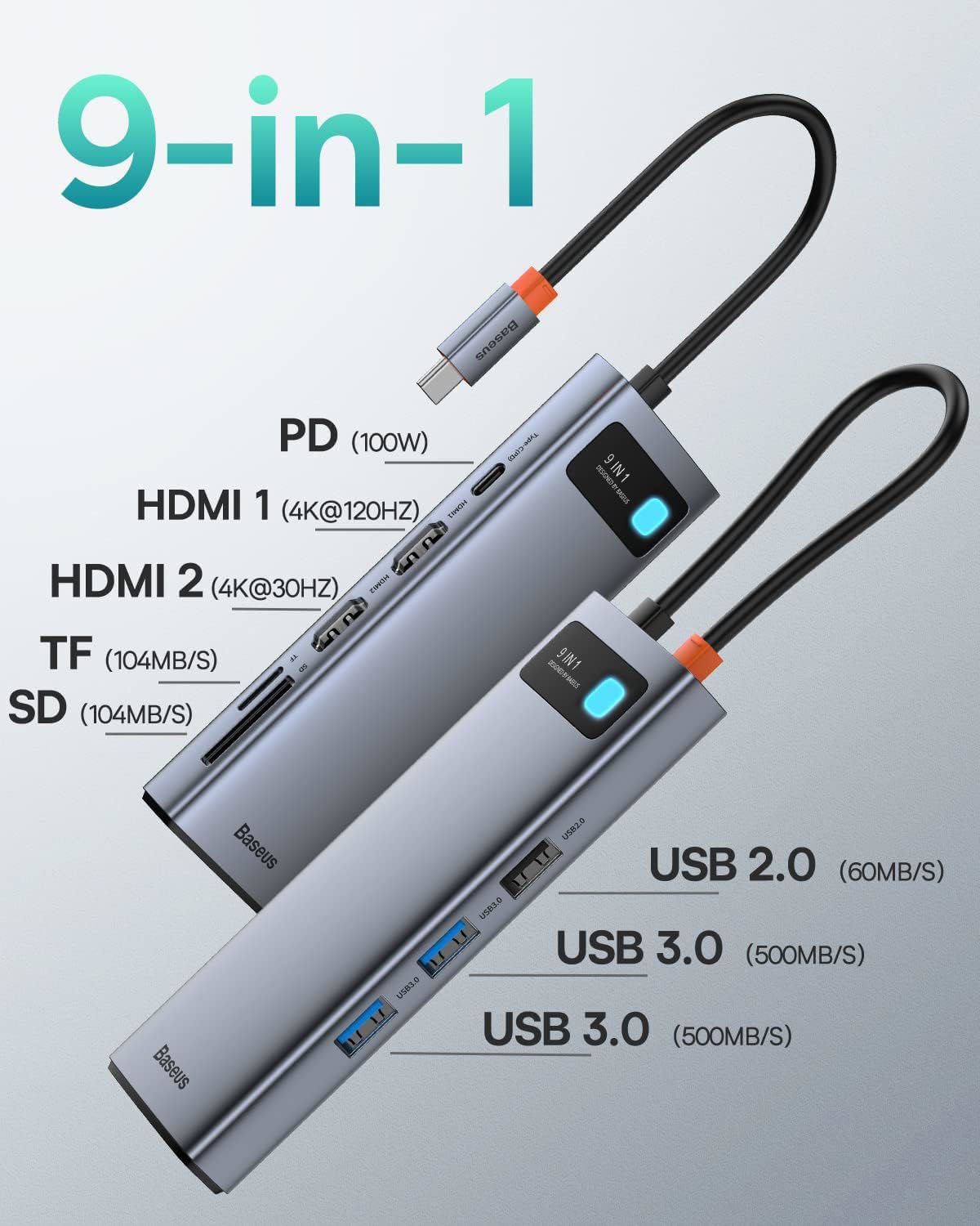 GetUSCart- Baseus Laptop Docking Station Dual Monitor 4K@120Hz, 9 in 1 ...