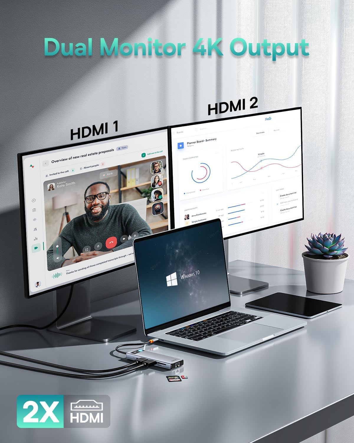 GetUSCart- Baseus Laptop Docking Station Dual Monitor 4K@120Hz, 9 in 1 USB C Hub with 2 HDMI ...