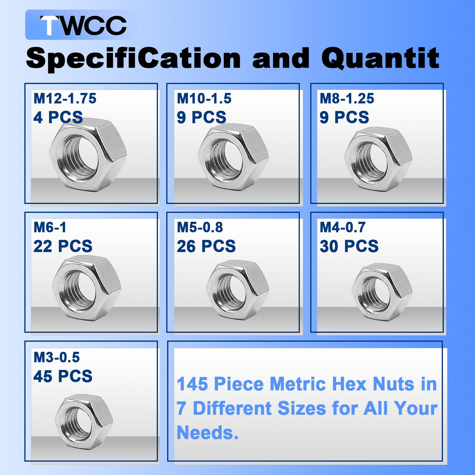GetUSCart- ZQZ 145 PCS Assorted Stainless Steel Hex Nuts Assortment Kit M3 M4 M5 M6 M8 M10 M12 ...